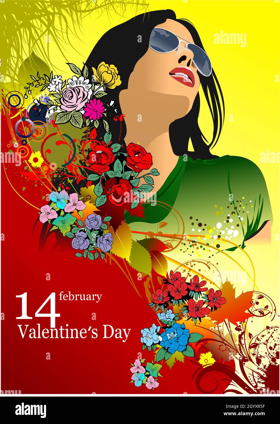 Valentine`s Day Greeting Card with woman face. Vector 3d illustration ...
