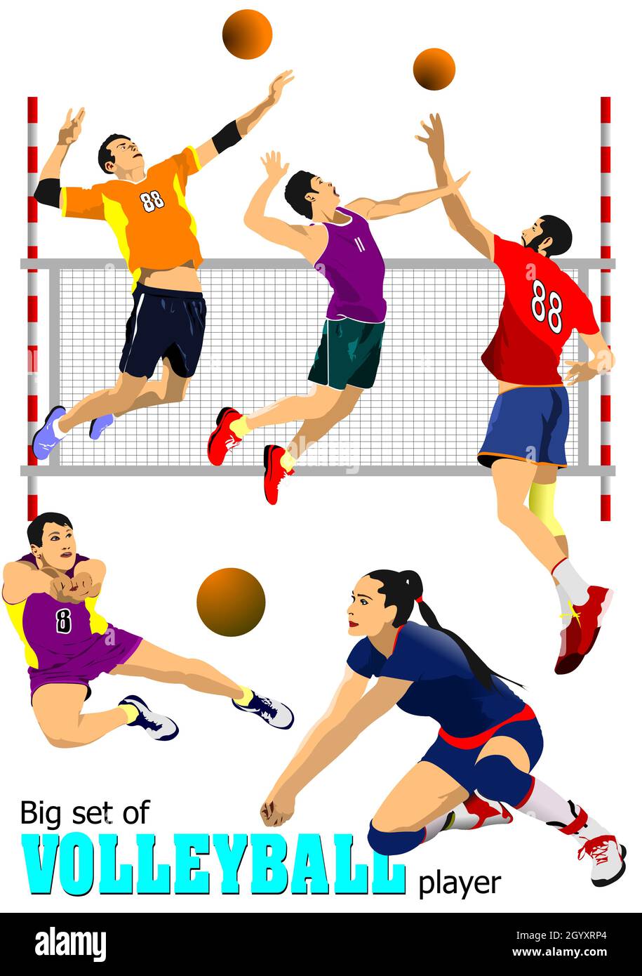 Big set of professional volleyball player isolated on white. 3d vector ...
