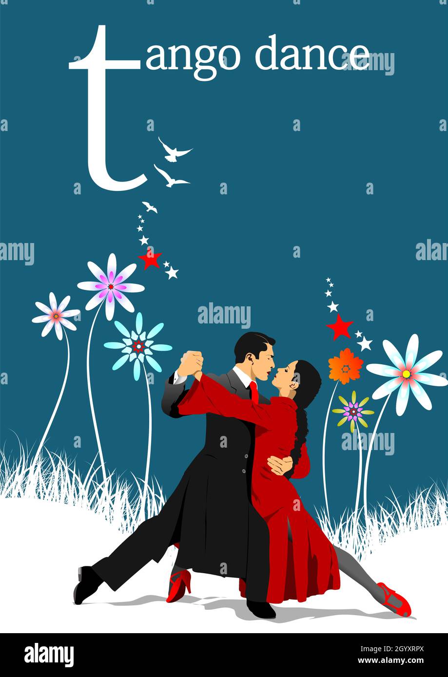 Couple dancing a tango on summer background. 3d vector illustration ...