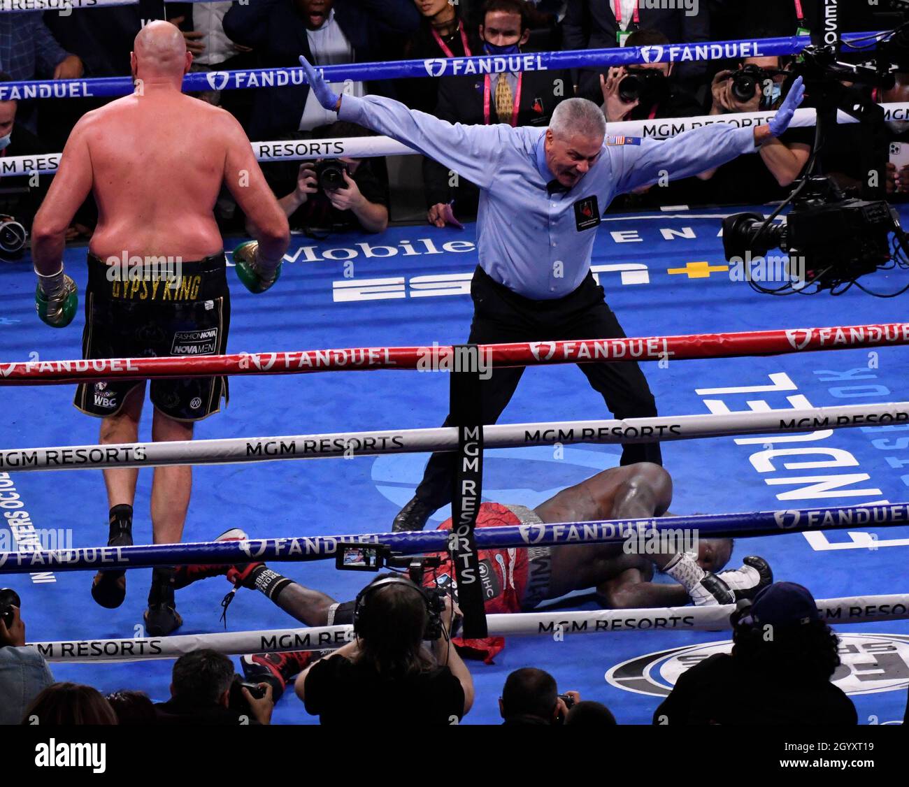 LAS VEGAS, NV - OCTOBER 09: ( In Blk trunks) Tyson Fury delivers a ...