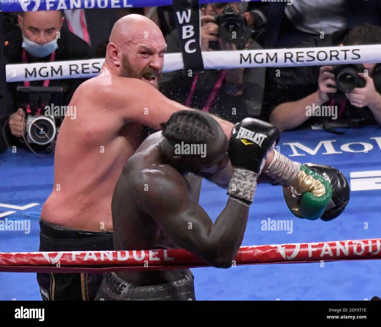 LAS VEGAS, NV - OCTOBER 09: ( In Blk trunks) Tyson Fury delivers a ...