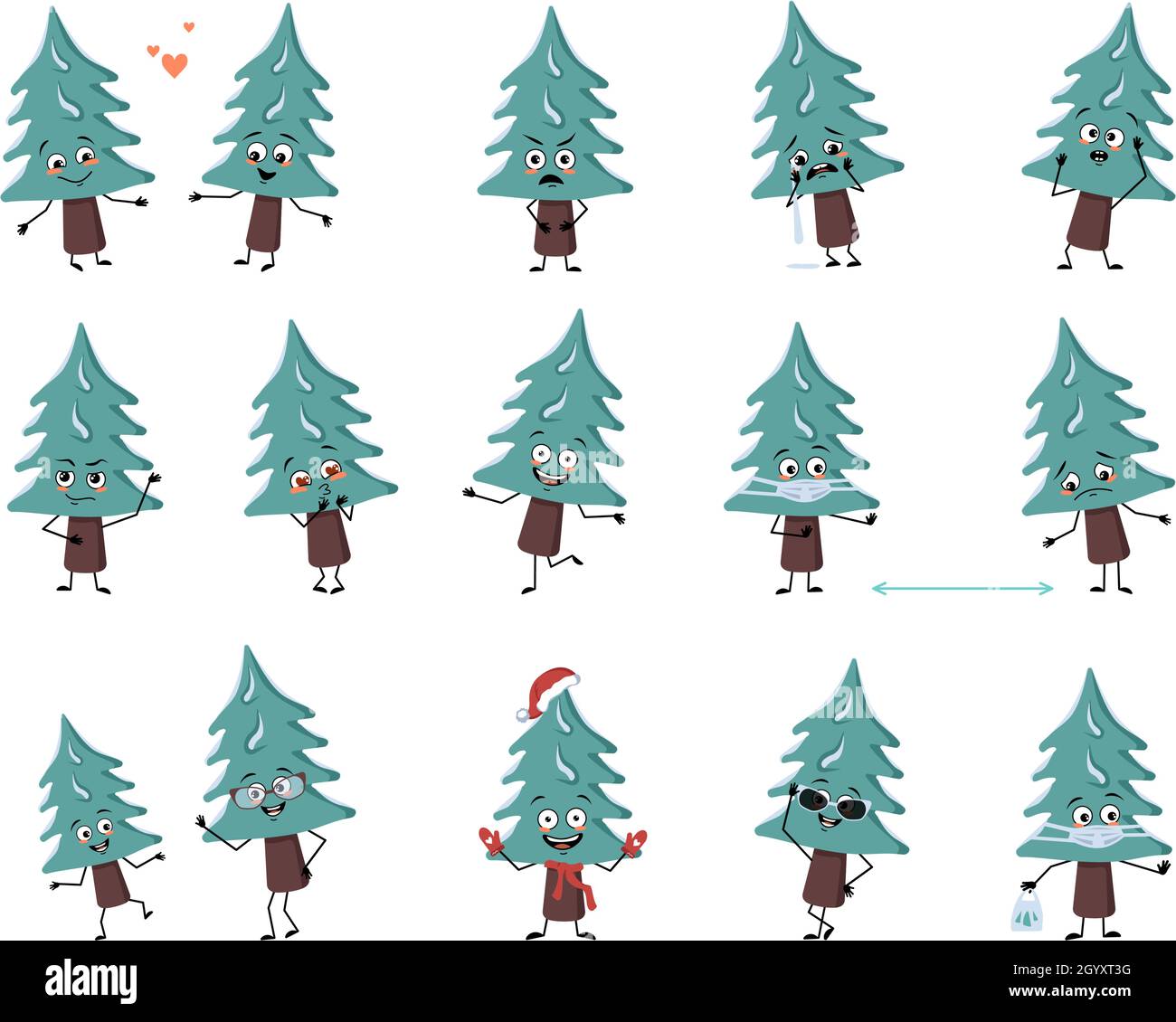 Set of cute Christmas tree character with emotions, face, arms and legs ...
