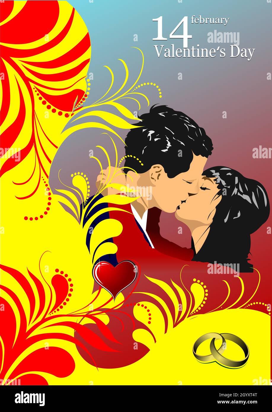 Valentine`s Day Greeting Card with kissing couple. Vector 3d ...