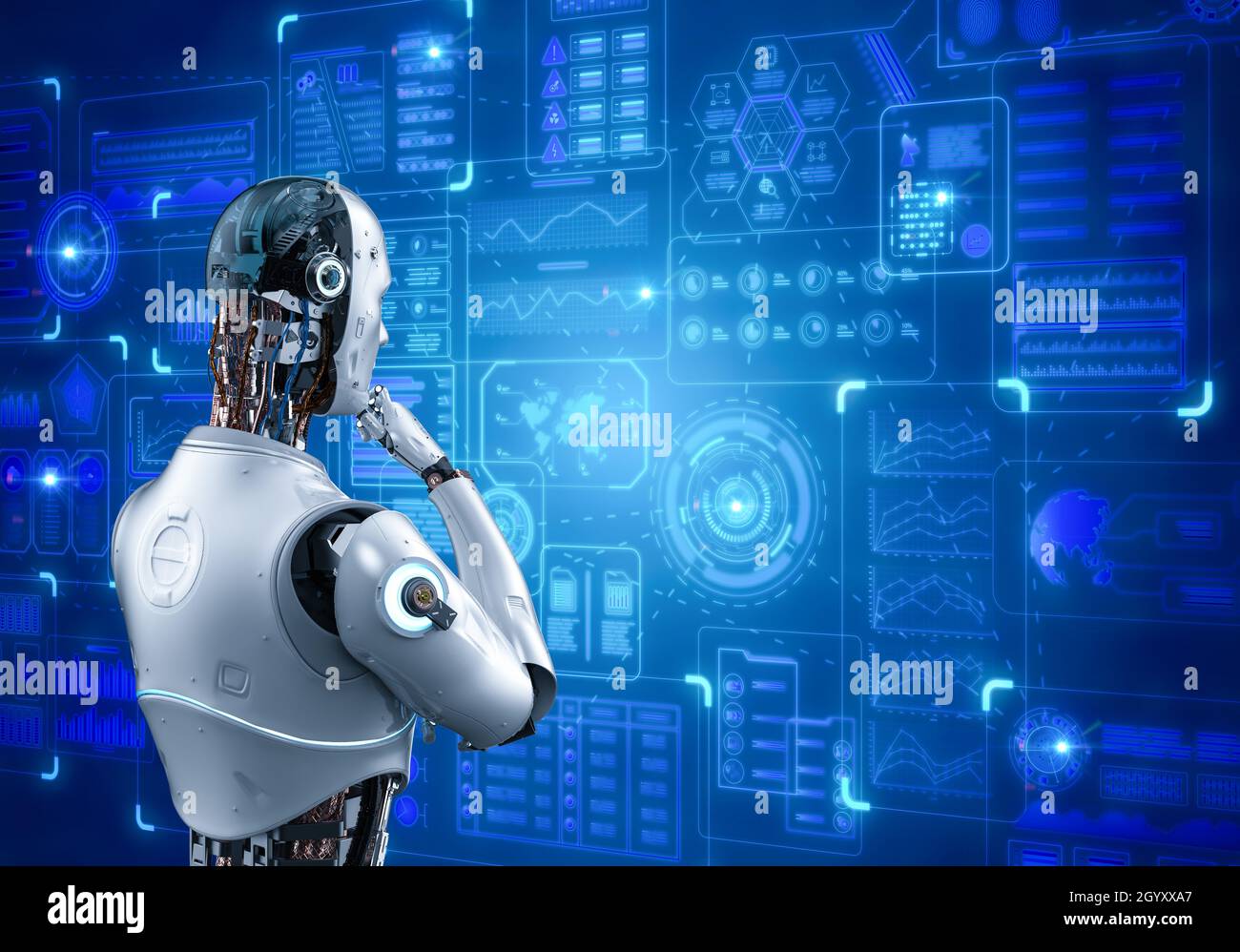 3d rendering robot thinking or analyzing with graphic display Stock ...