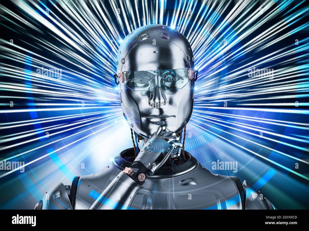 3d rendering robot thinking or analyzing with graphic display Stock ...
