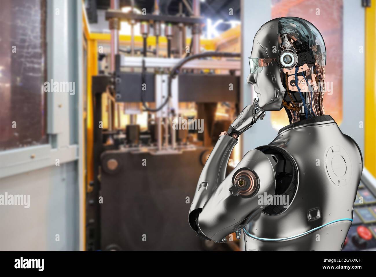 Automation factory concept with 3d rendering cyborg working with ...