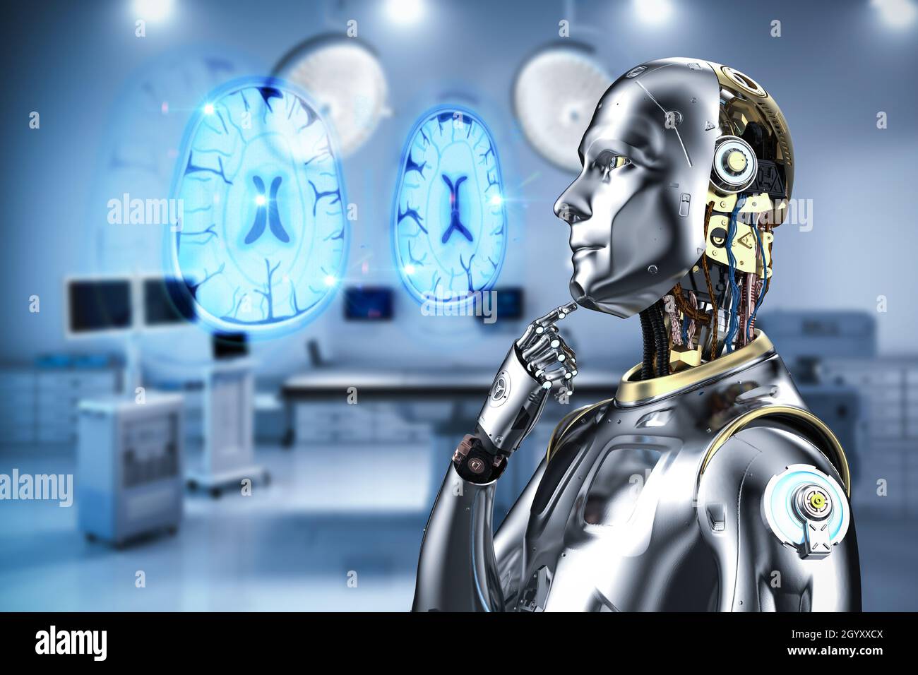 Medical technology concept with 3d rendering robot analyze x-ray brain ...