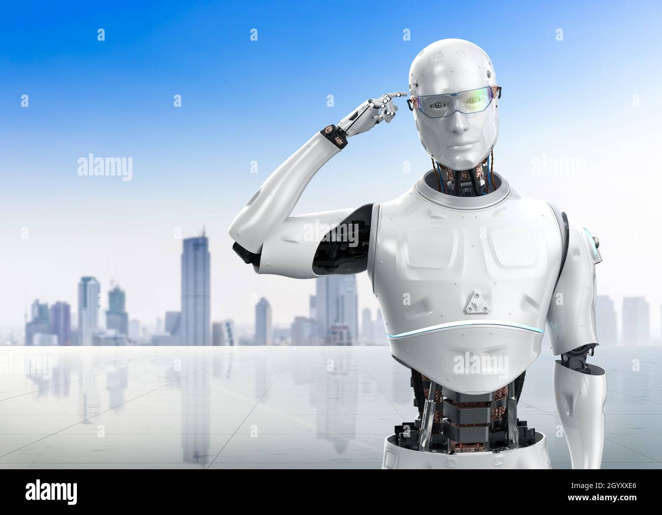 3d rendering ai robot computing or analyzing with cityscape background Stock Photo - Alamy