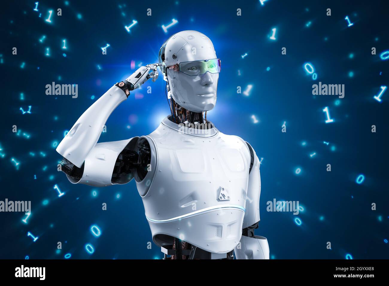 Machine learning concept 3d rendering robot thinking with binary code ...