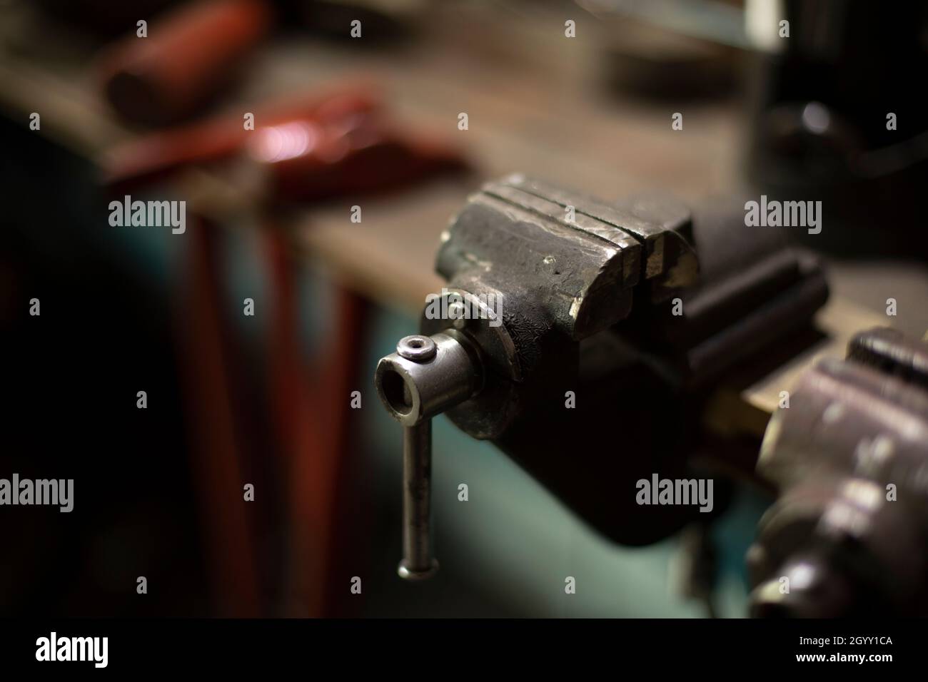 Working tools in the garage. Details of the metal workshop. Hand tools ...