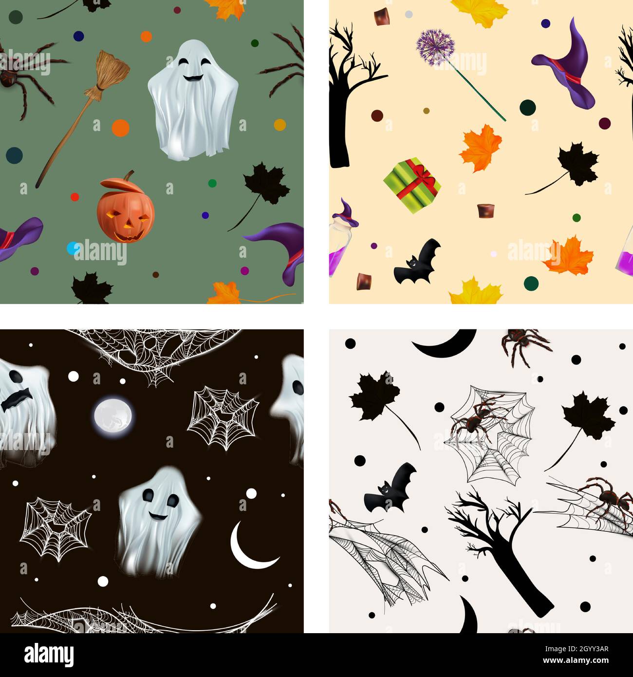 Four Halloween seamless pattern. Pumpkin, spider, cobweb, Ghost, bat ...