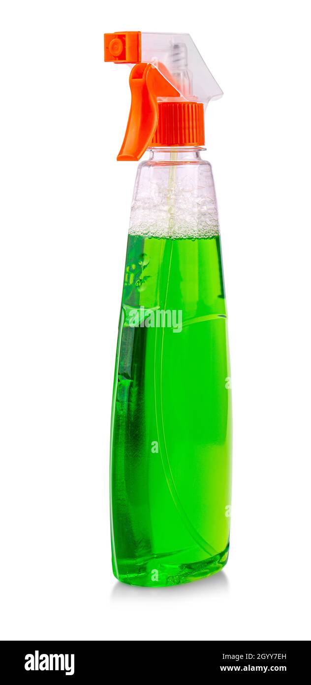 green spray bottle with homemade chemicals isolated on white background ...