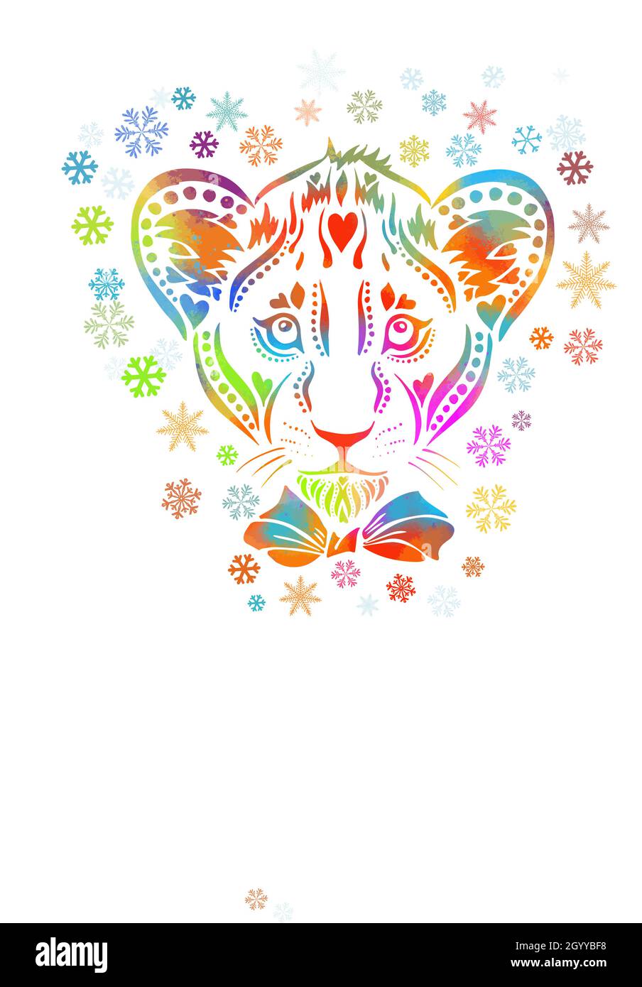 A multicolored lion cub. The face of the lion is a rainbow abstract ...