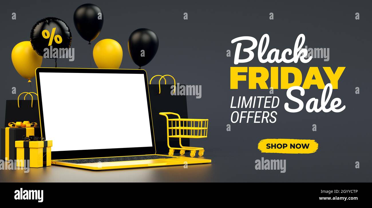 Black Friday sale flyer background with laptop mockup blank screen and ...