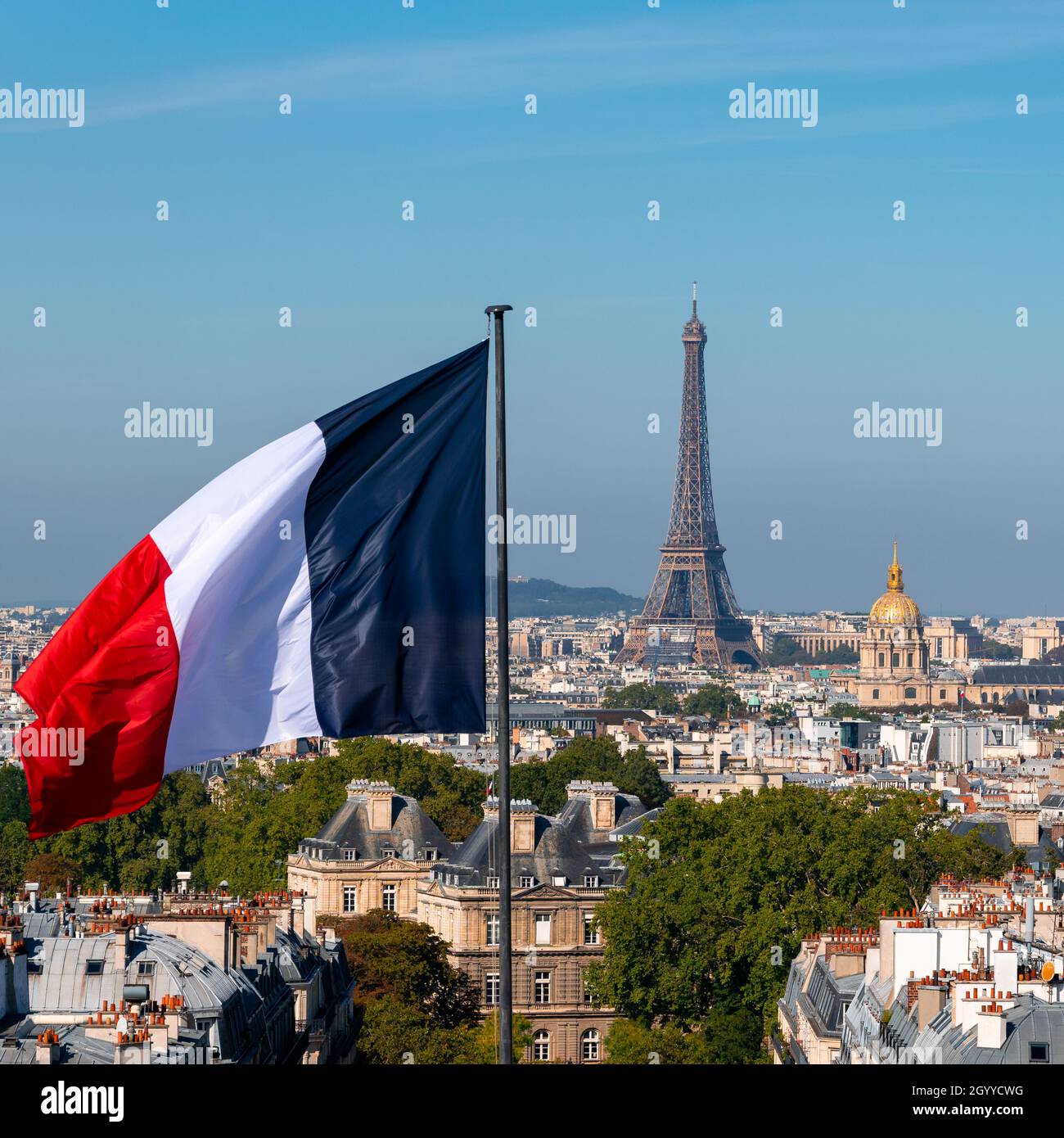 The panoramic view from the Pantheon in Paris. The French flag,Eiffel ...