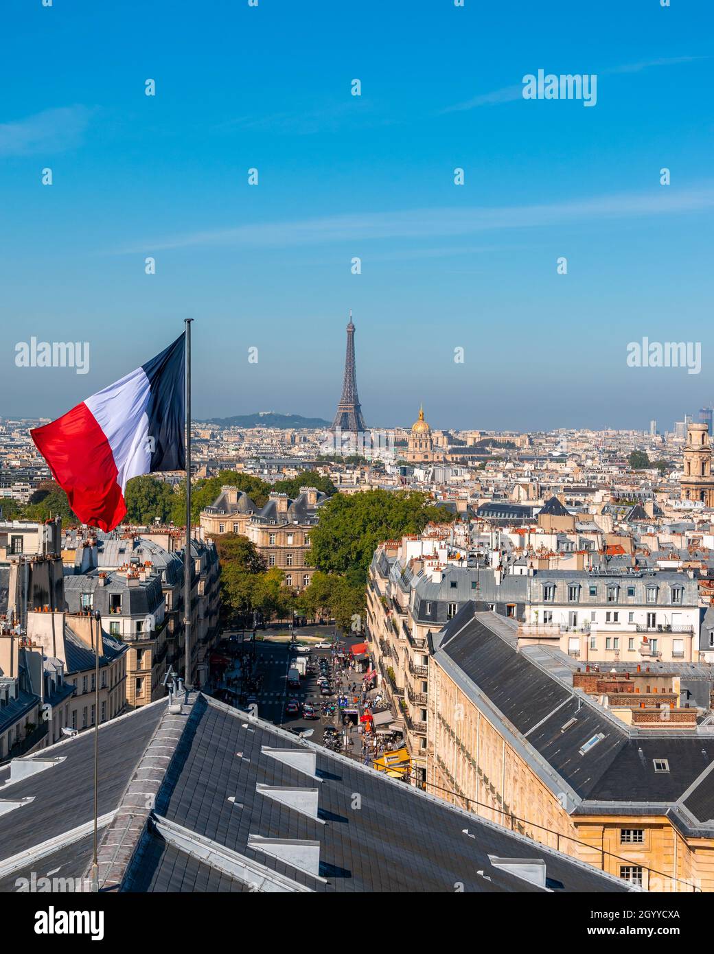 The panoramic view from the Pantheon in Paris. The French flag,Eiffel ...