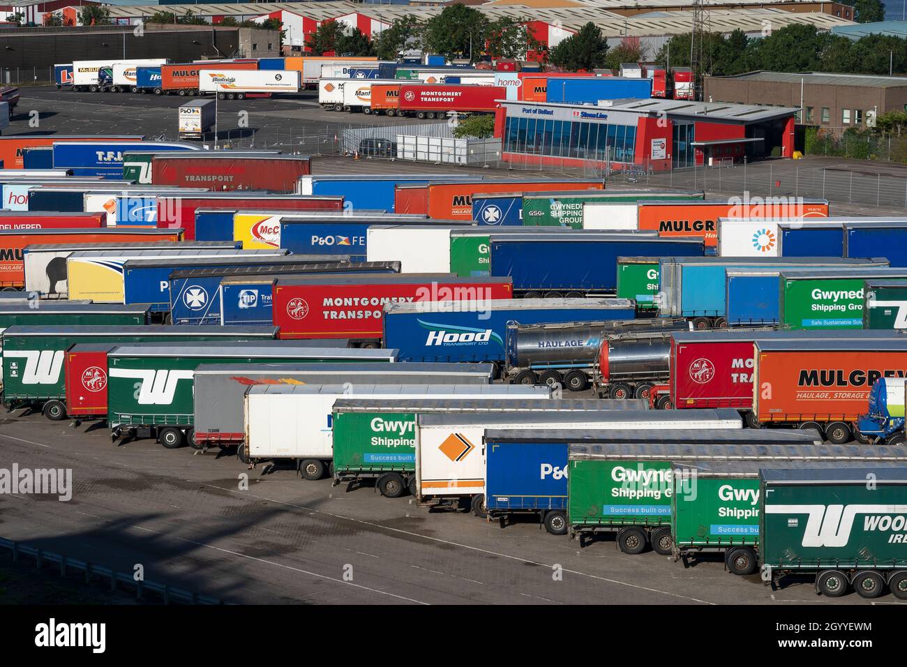 Lorries trailers and cargo waiting to be loaded at Belfast docks in ...