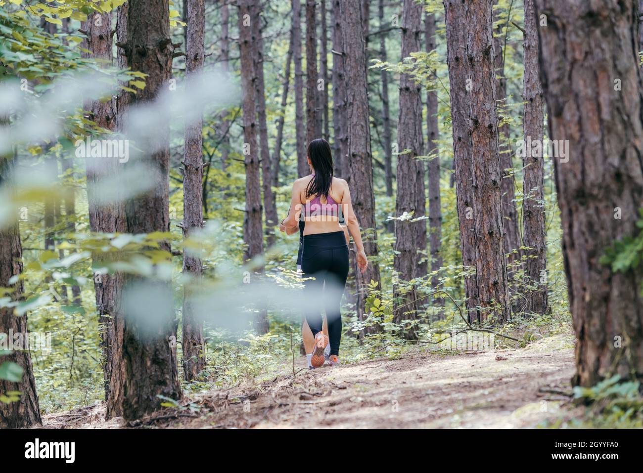 Picture from the back of young sporty woman running through the forest ...