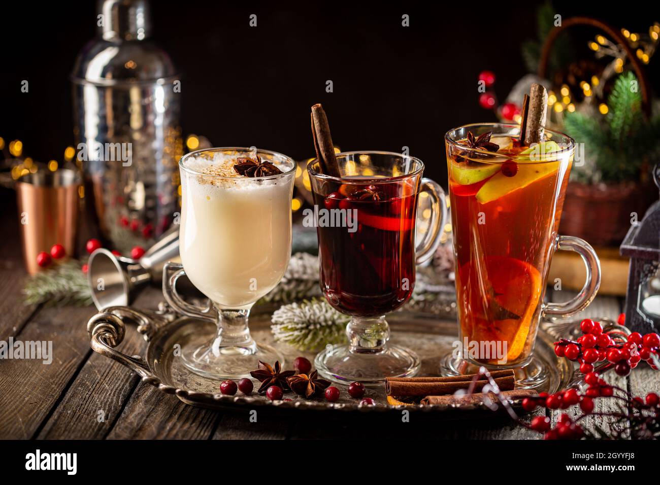fresh yellow eggnog, grog and fruity red mulled wine with Christmas ...
