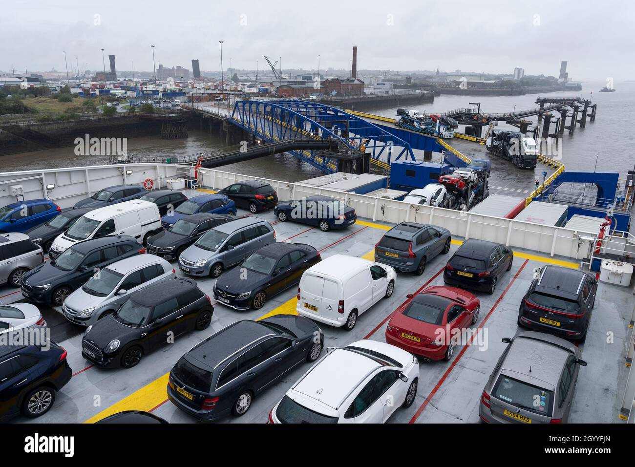 Cars on the deck of MS Stena Embla at Birkenhead docks for a daytime ...