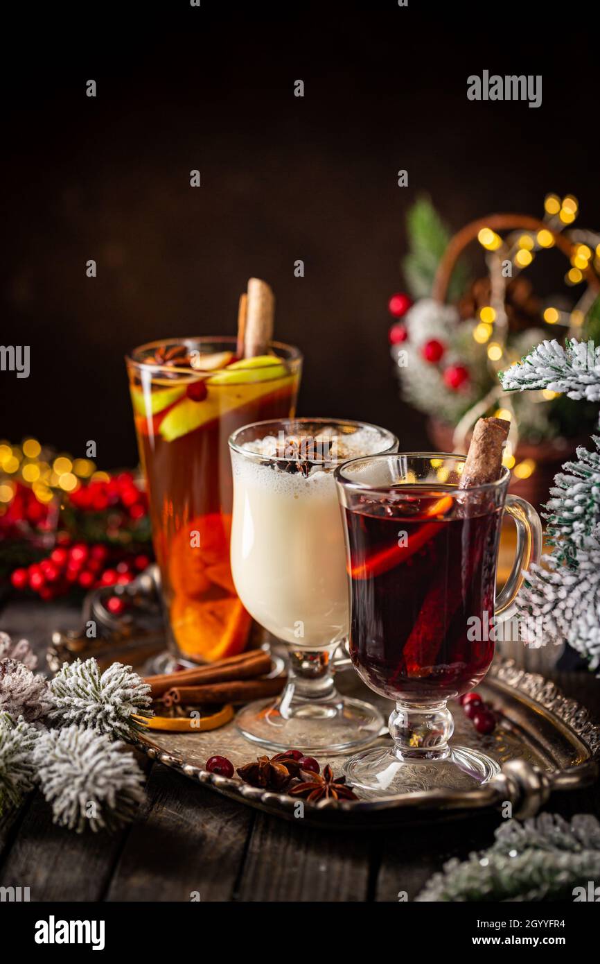 fresh yellow eggnog, grog and fruity red mulled wine with Christmas ...