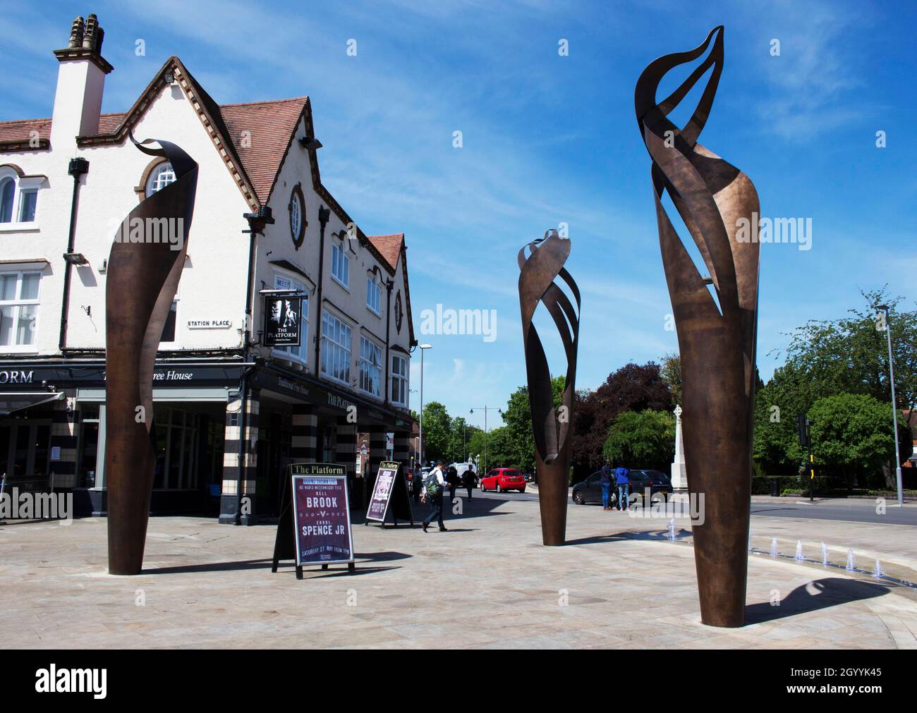 The six-metre beacon sculptures in Letchworth town centre Stock Photo ...