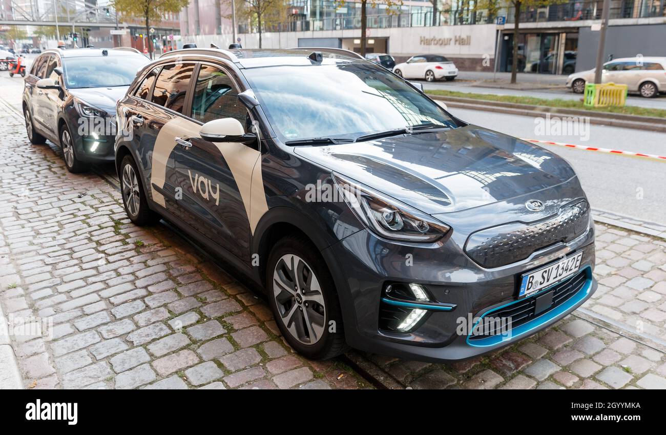 Hamburg, Germany. 10th Oct, 2021. Two vehicles of the mobility provider ...