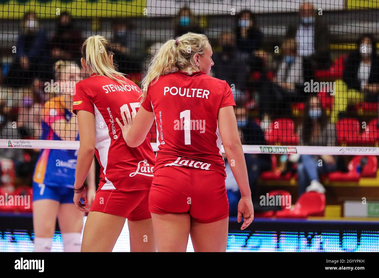 Jordyn Poulter #1 of UYBA Unet E-Work Busto Arsizio and Jovana Stevanovic #15 of UYBA Unet E ...