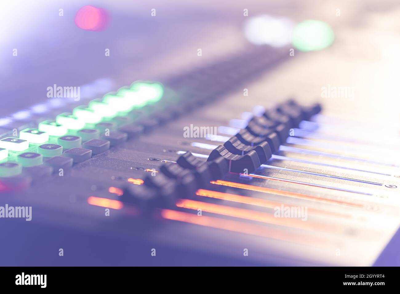 Sound mixer. Professional audio mixing console with lights, buttons ...