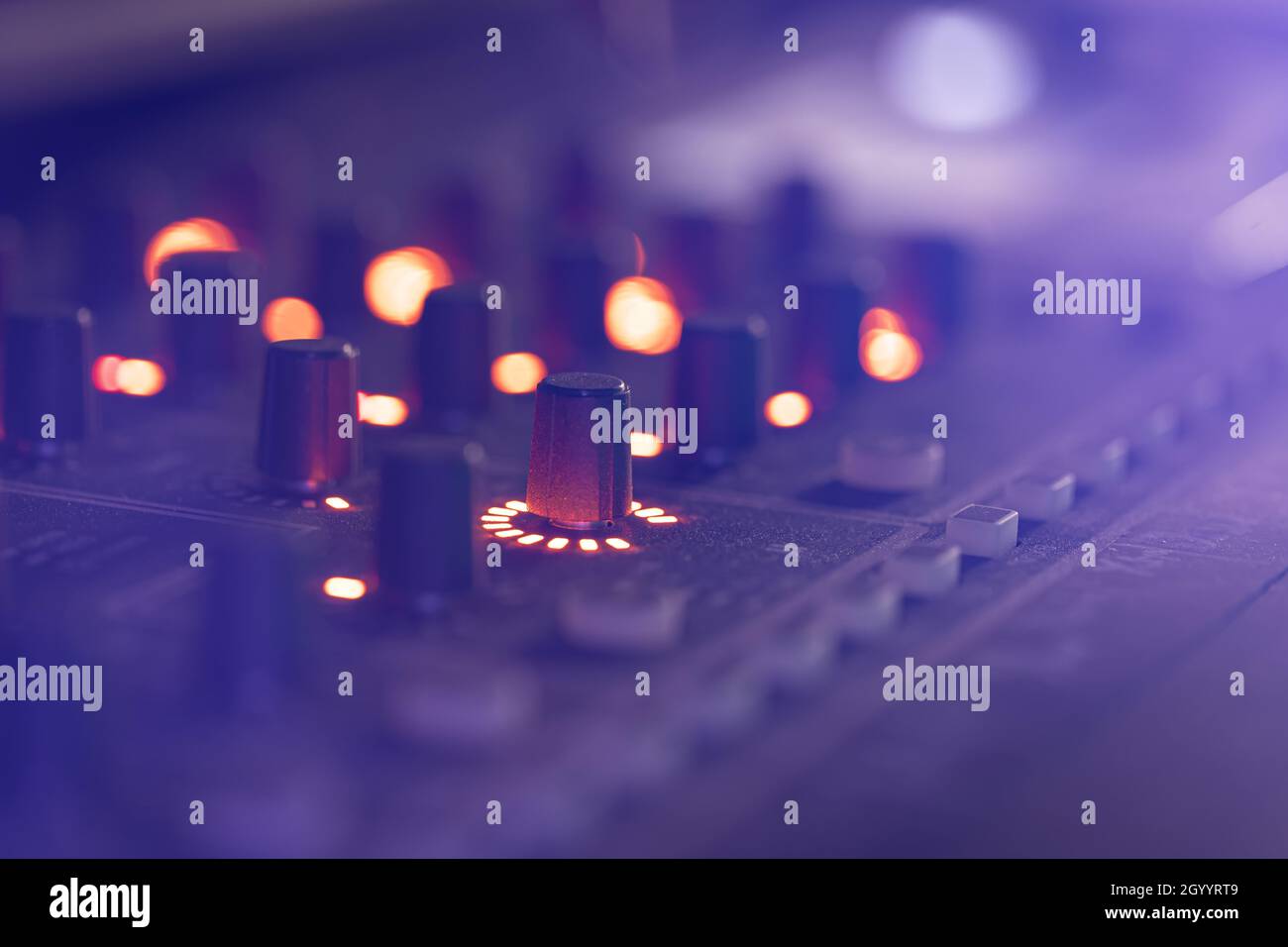 Sound mixer. Professional audio mixing console with lights, buttons ...