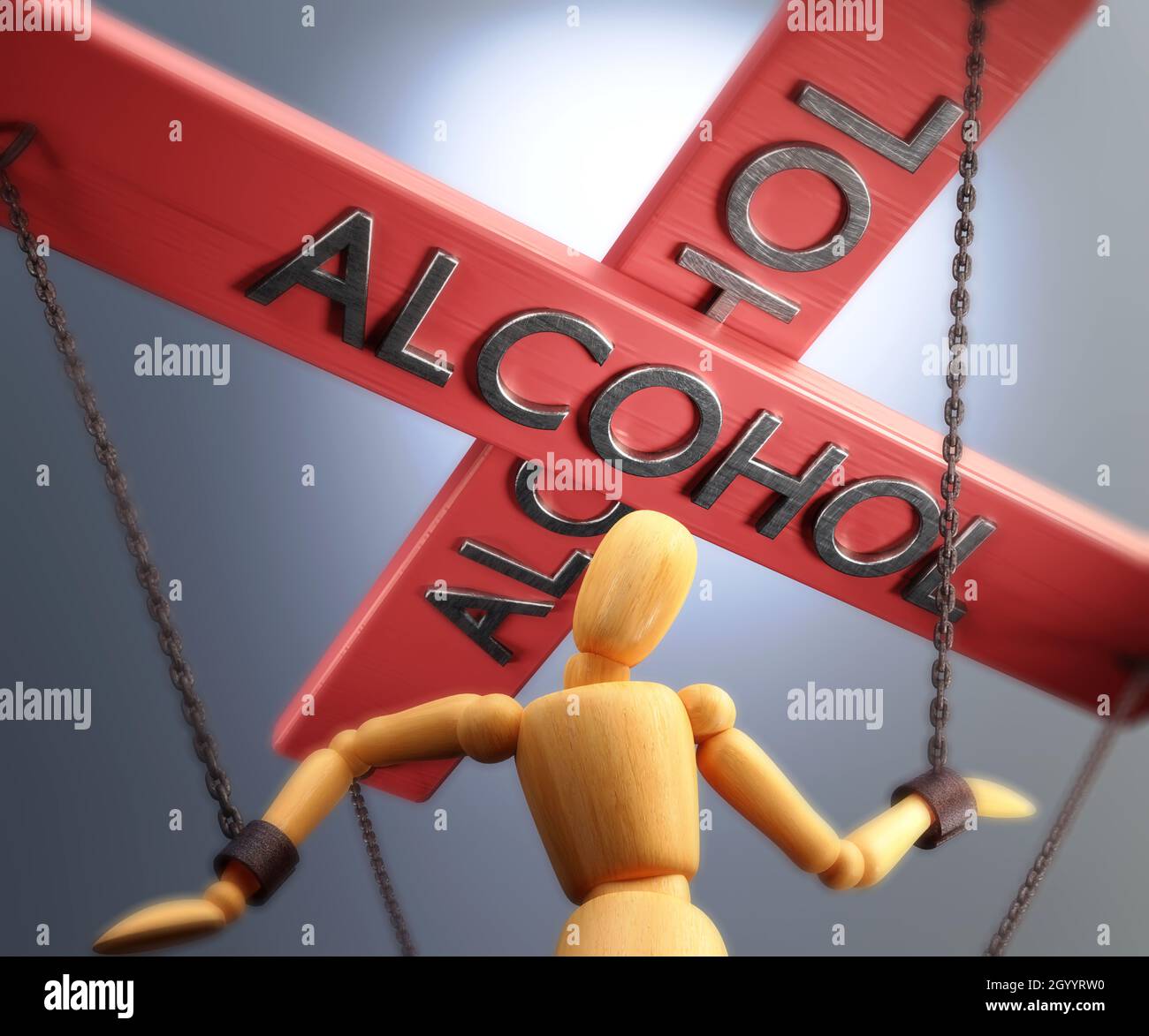 Alcohol control, pictured as a wooden human figure pushing heavy weight ...