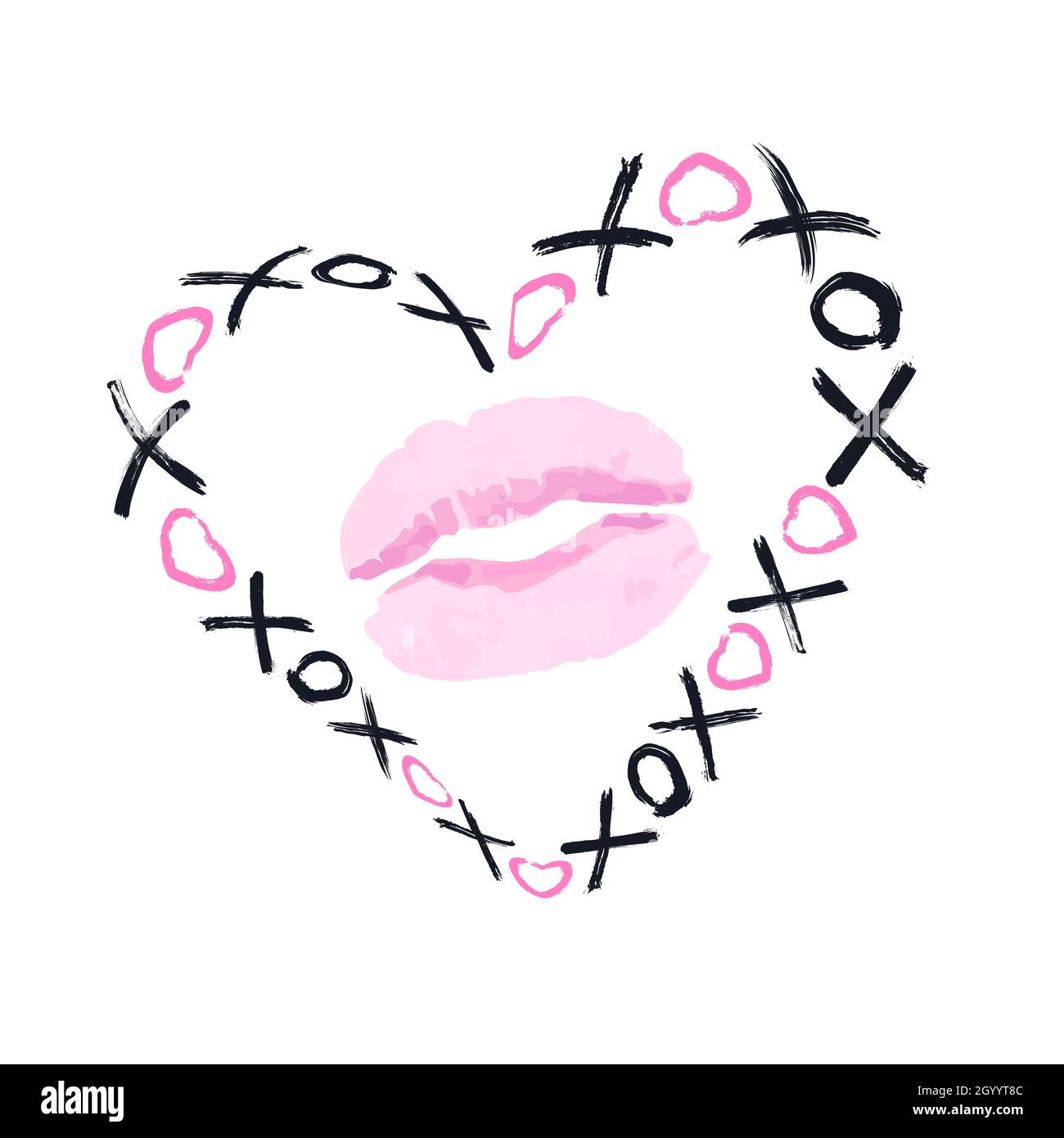 Pattern with XOXO hand written phrase, hearts, Lipstick kisses isolated ...
