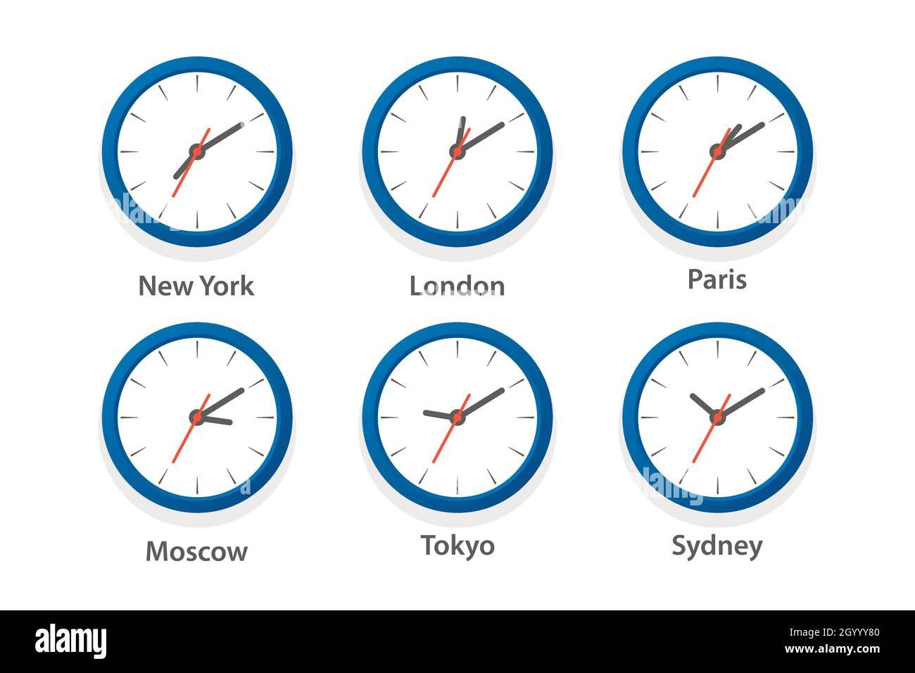 Flat Vector Wall Office Clock Icon Set. Time Zones of Different Cities ...