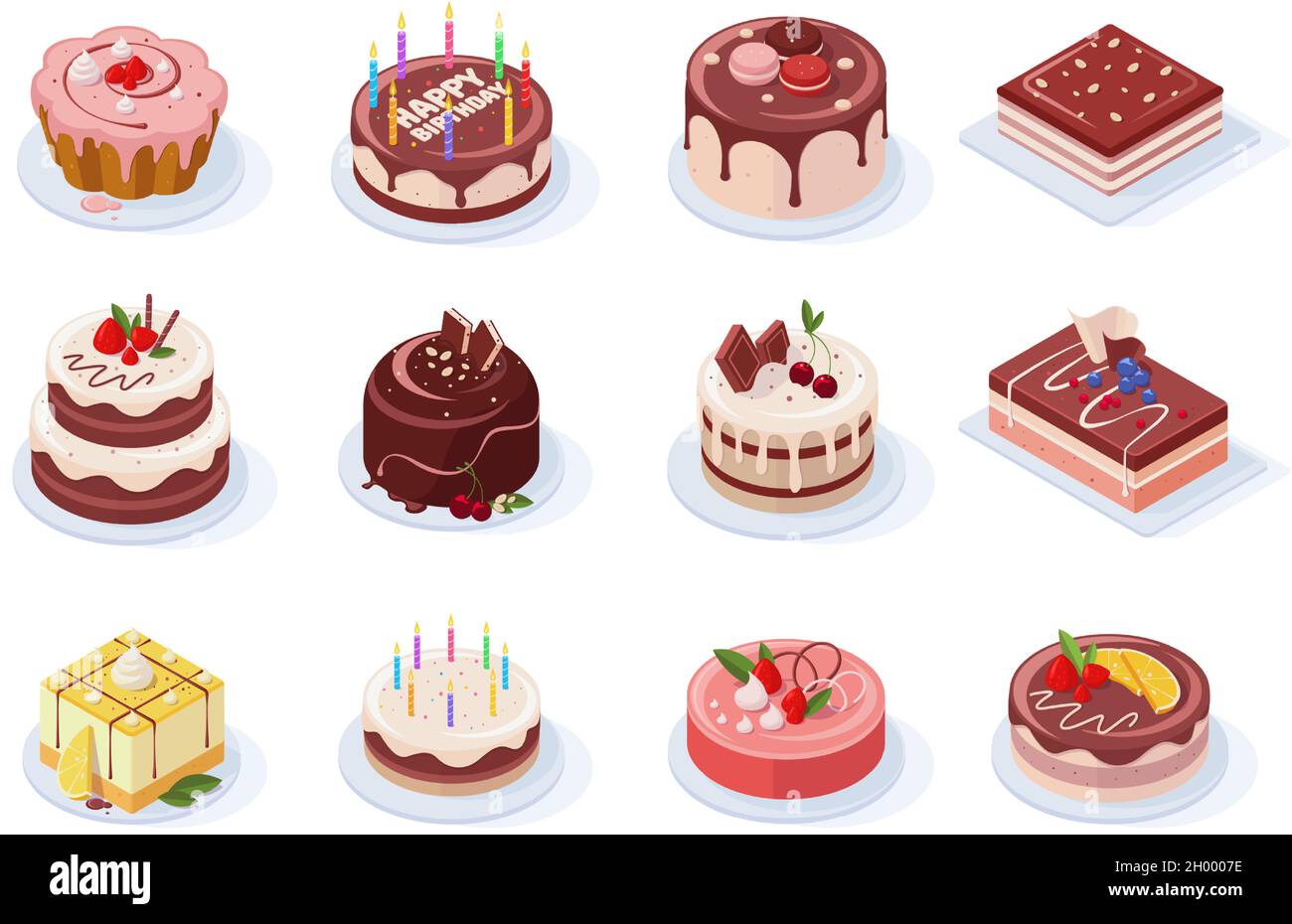 Isometric birthday event tasty strawberry, vanilla, chocolate cakes ...