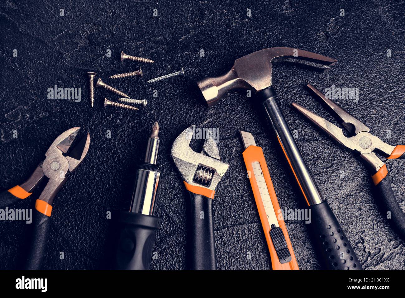 Basic Home Repair Tools On Black Background Stock Photo - Alamy