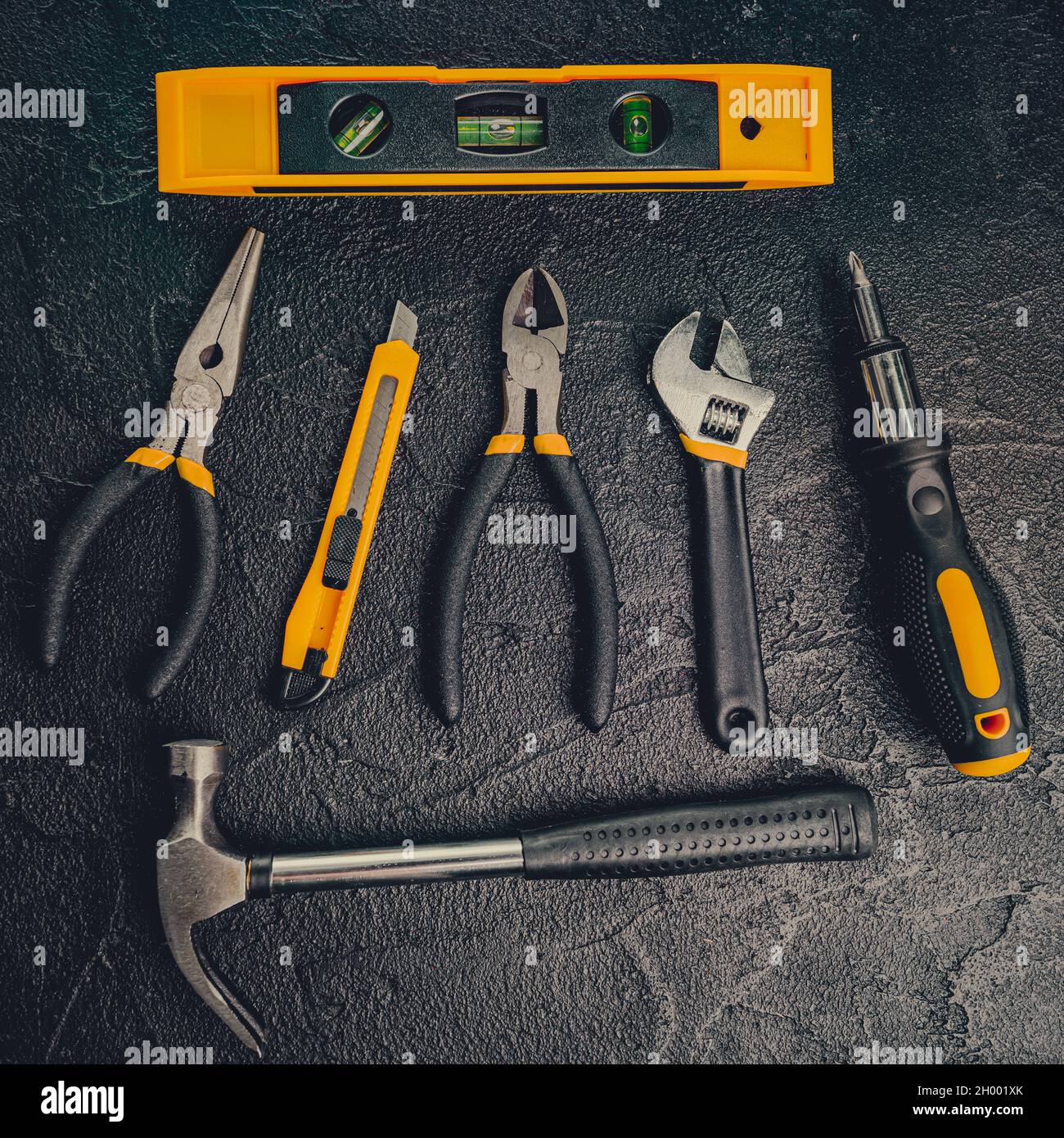 Basic Home Repair Tools On Black Background Stock Photo - Alamy
