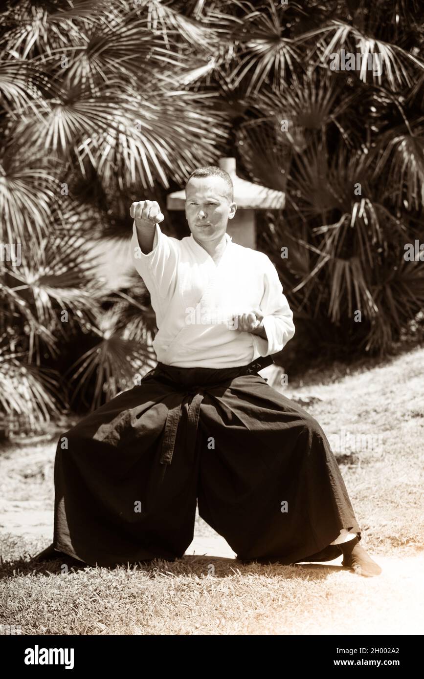 Young serious man aikido master in traditional costume Stock Photo - Alamy