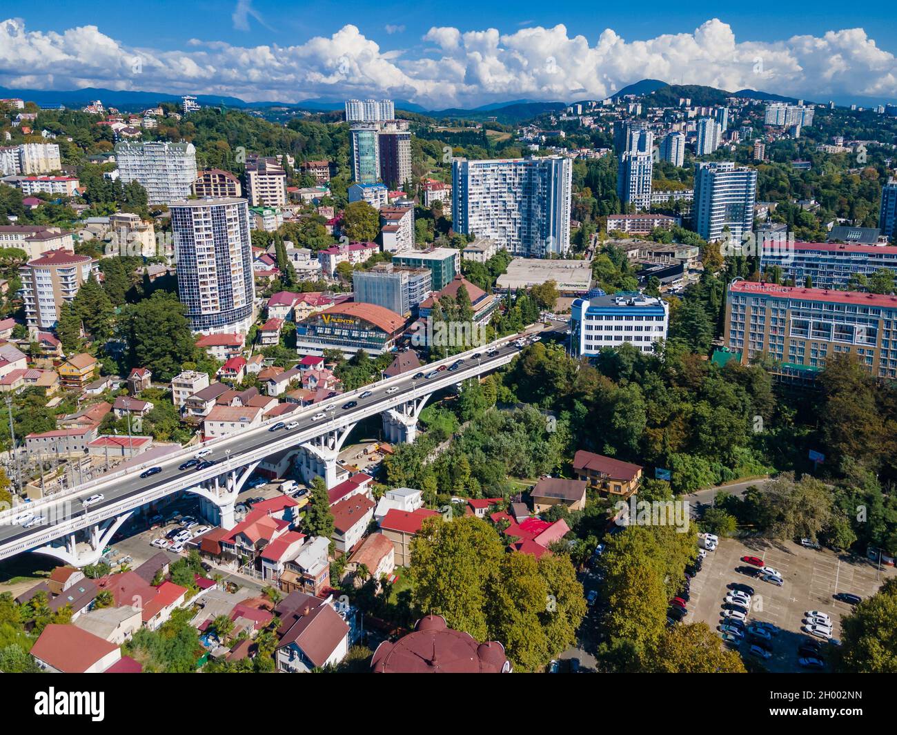 The modern Russian resort of Sochi on the Black Sea. Sochi aerial ...