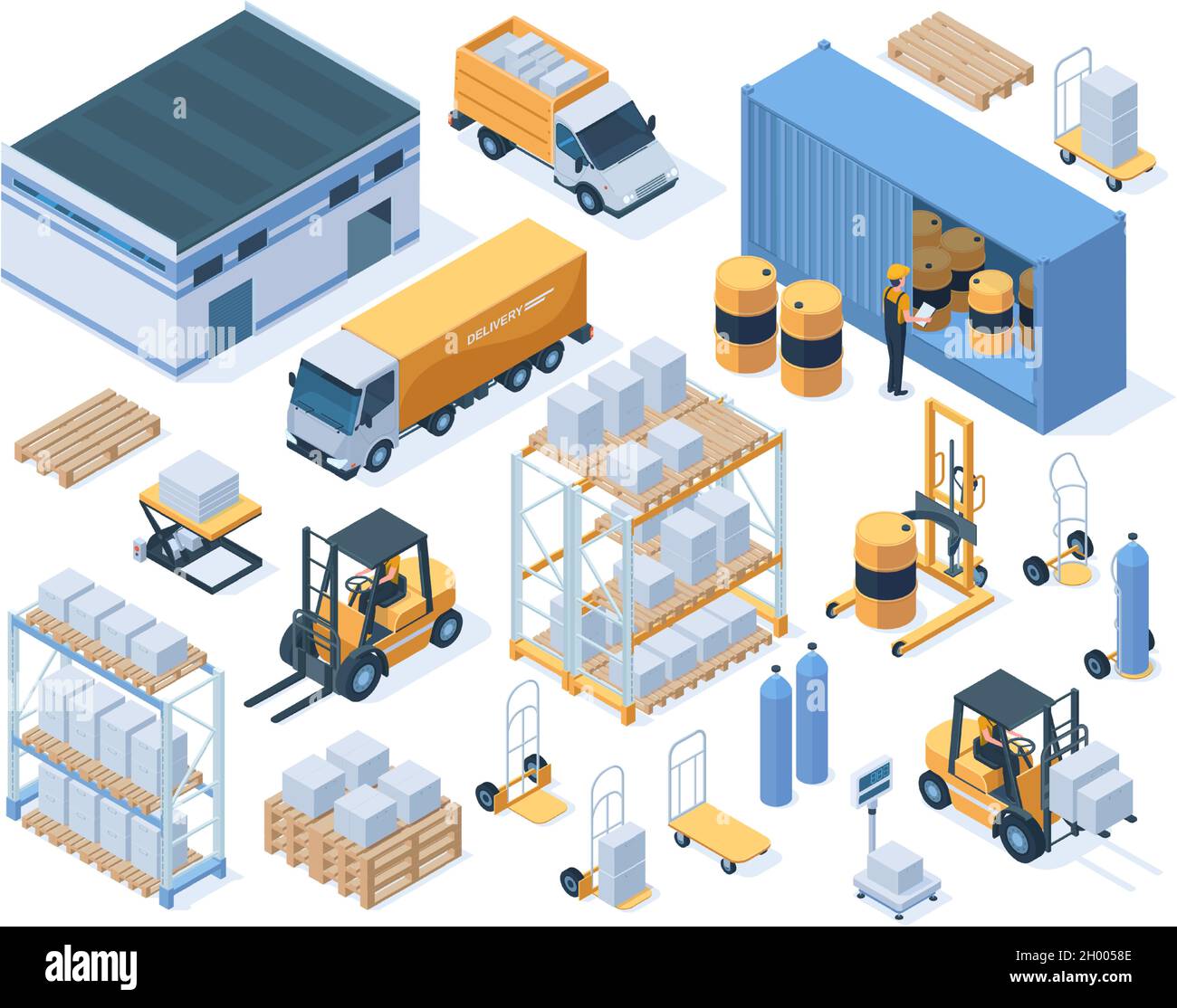 Isometric storage buildings, cargo trucks and warehouse workers ...