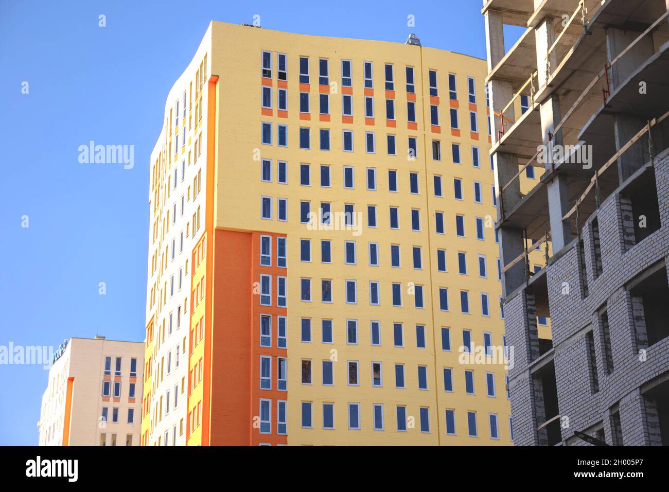 Residential building construction site, view from the ground. Clear ...