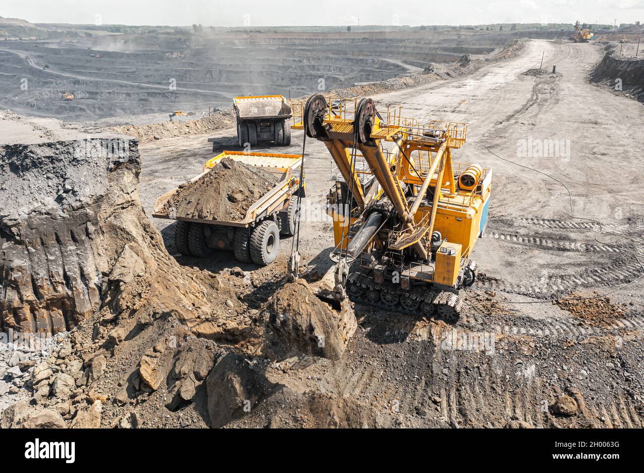 Panoramic aerial view of coal mine. Open pit mine industry, big yellow ...