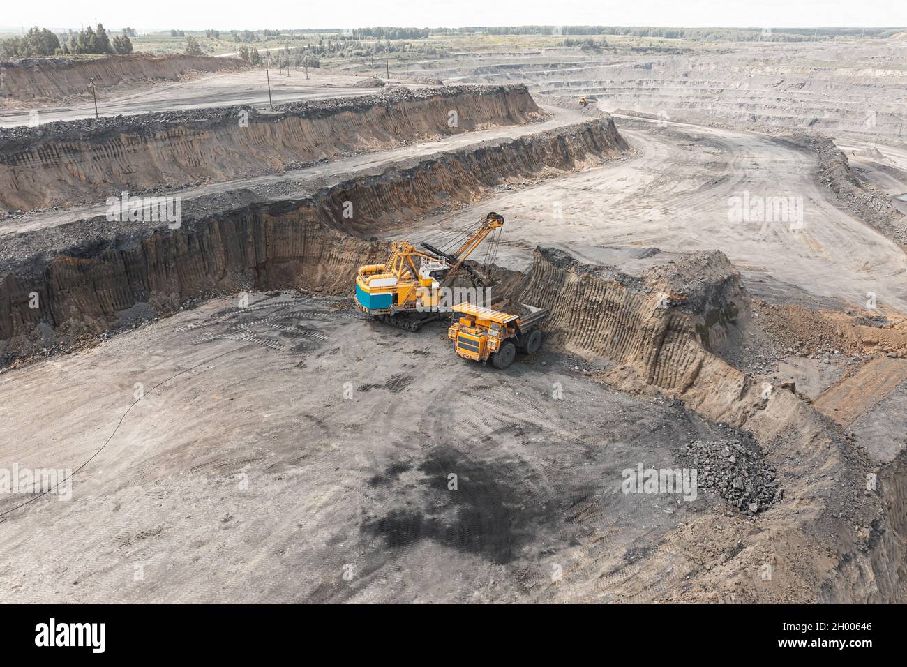 Panoramic aerial view of coal mine. Open pit mine industry, big yellow ...