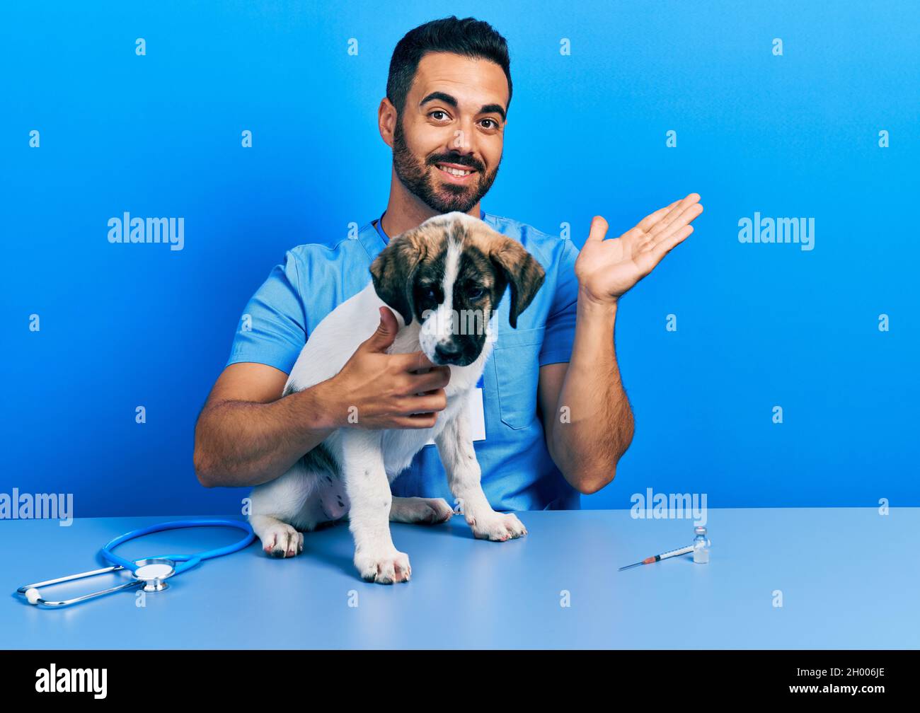 Handsome hispanic veterinary man with beard checking dog health smiling ...