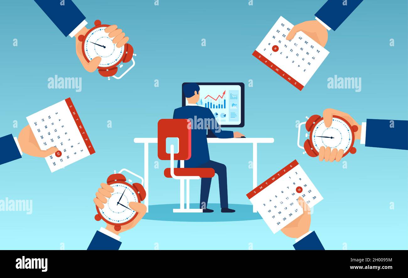 Vector of a busy businessman working on computer pressured by deadlines ...