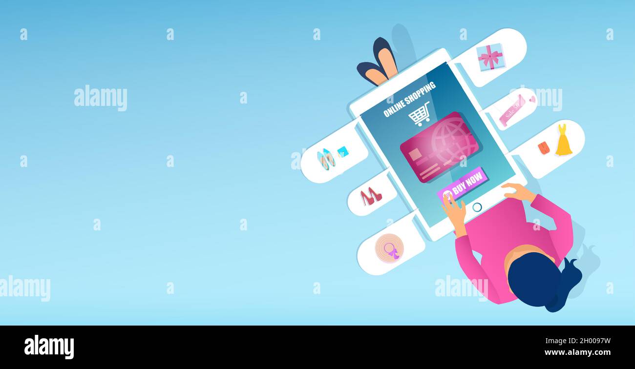 Vector of a young woman shopping online using mobile phone app Stock ...