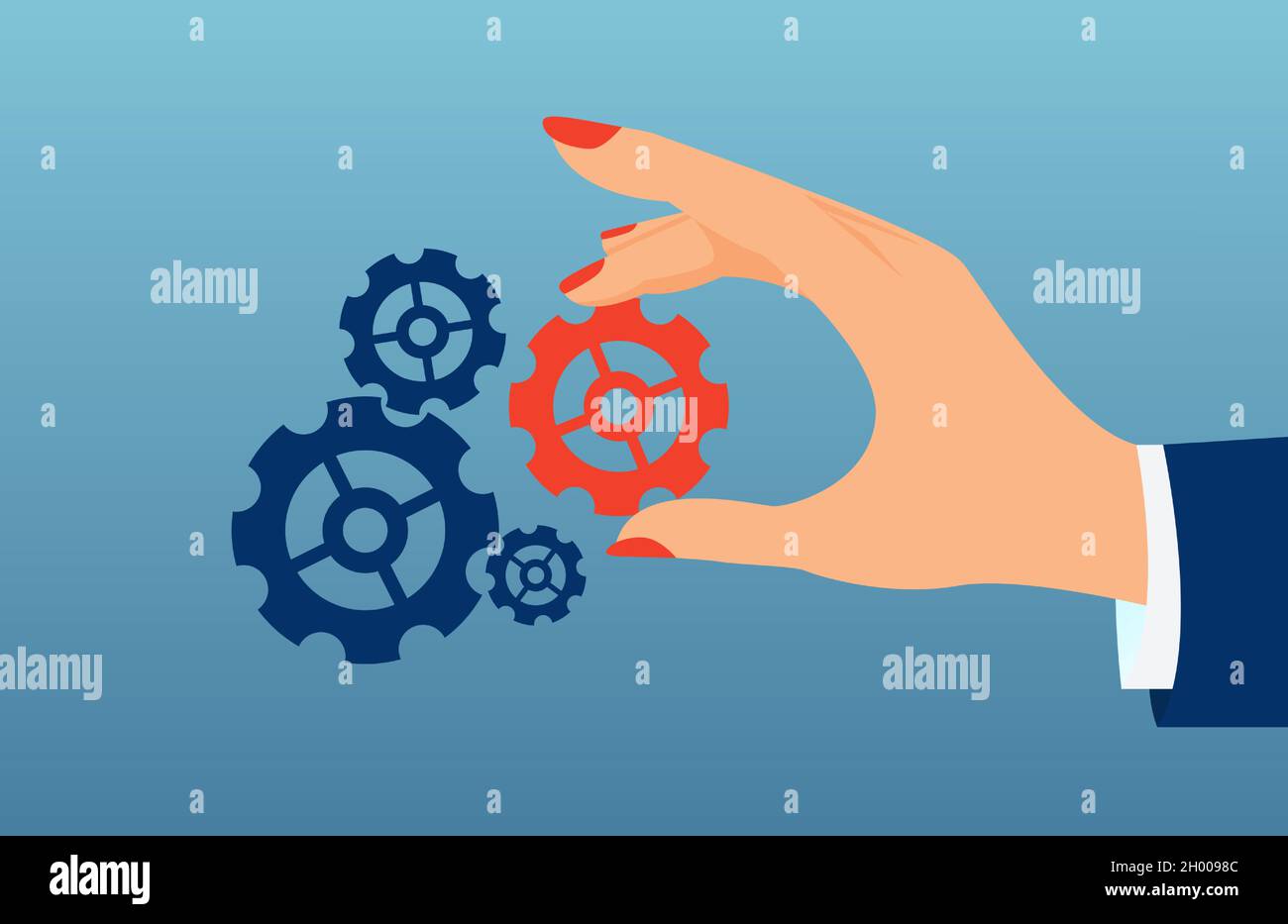 Vector of a businesswoman hand adding a red gear to solve a problem ...