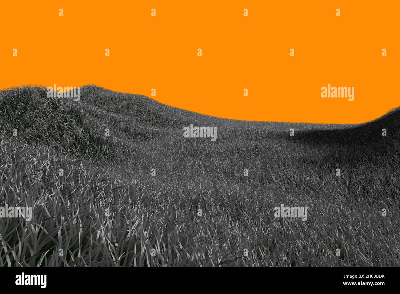scary black and white highly detailed grassy hills isolated on orange ...