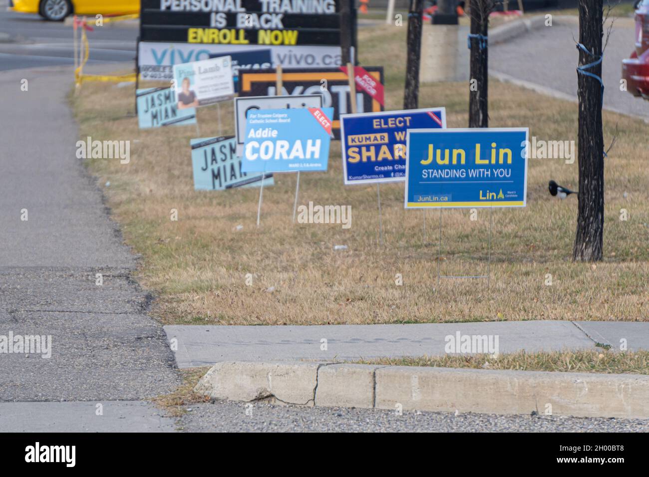 7 October 2021 - Calgary, Alberta Canada - Campaign signs for municipal ...