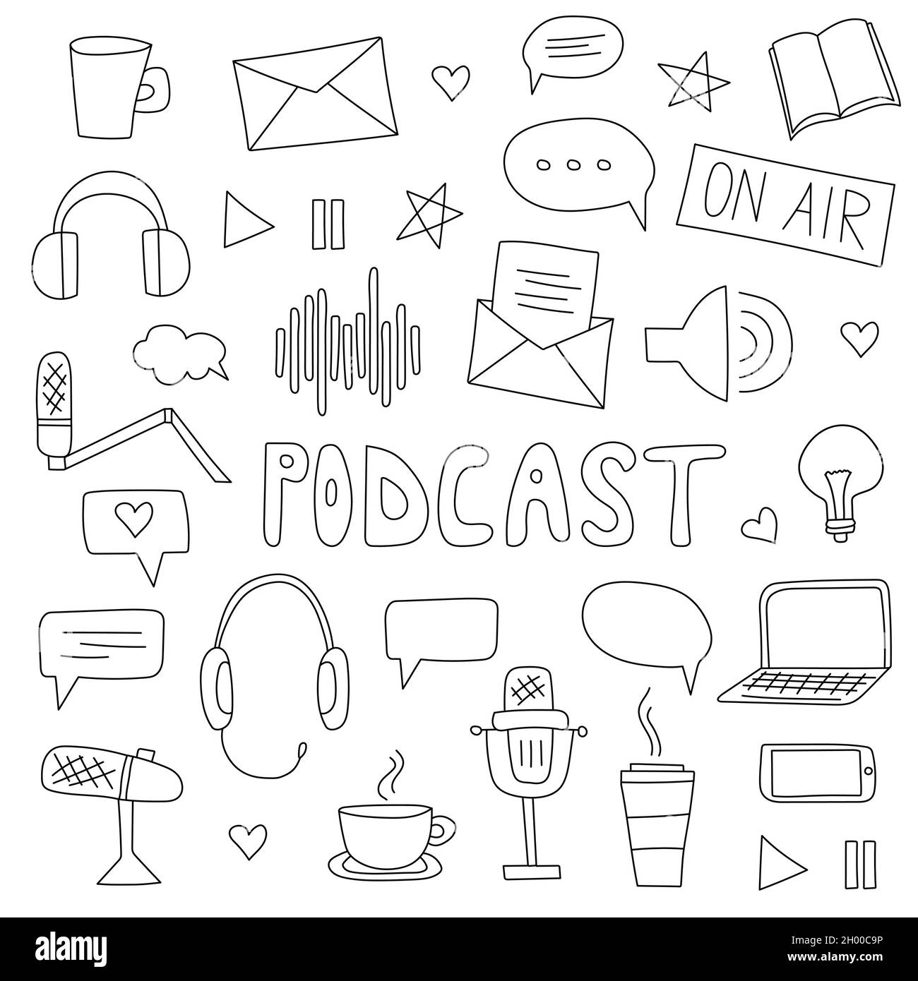 Podcast show. Vector hand drawn cartoon illustration with different ...