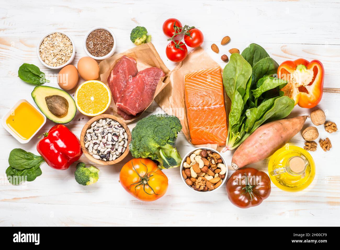 Healthy food products at white background top view Stock Photo - Alamy